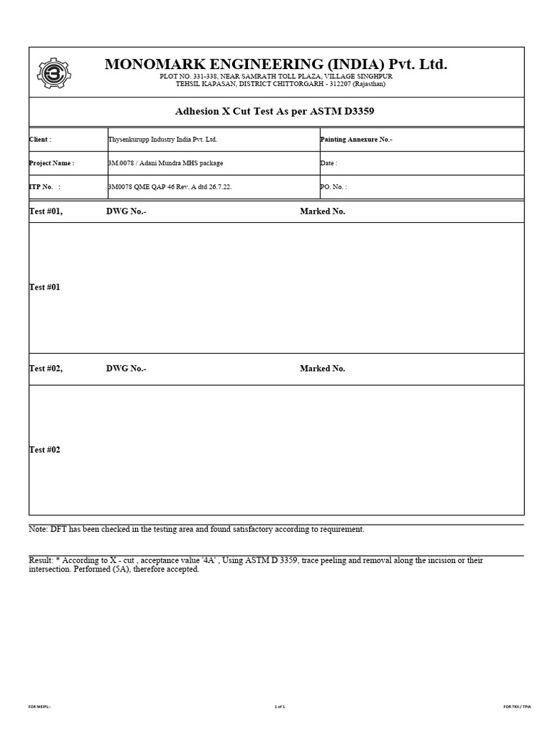 ASTM D3359 X-Cut Adhesion Test Results | PDF