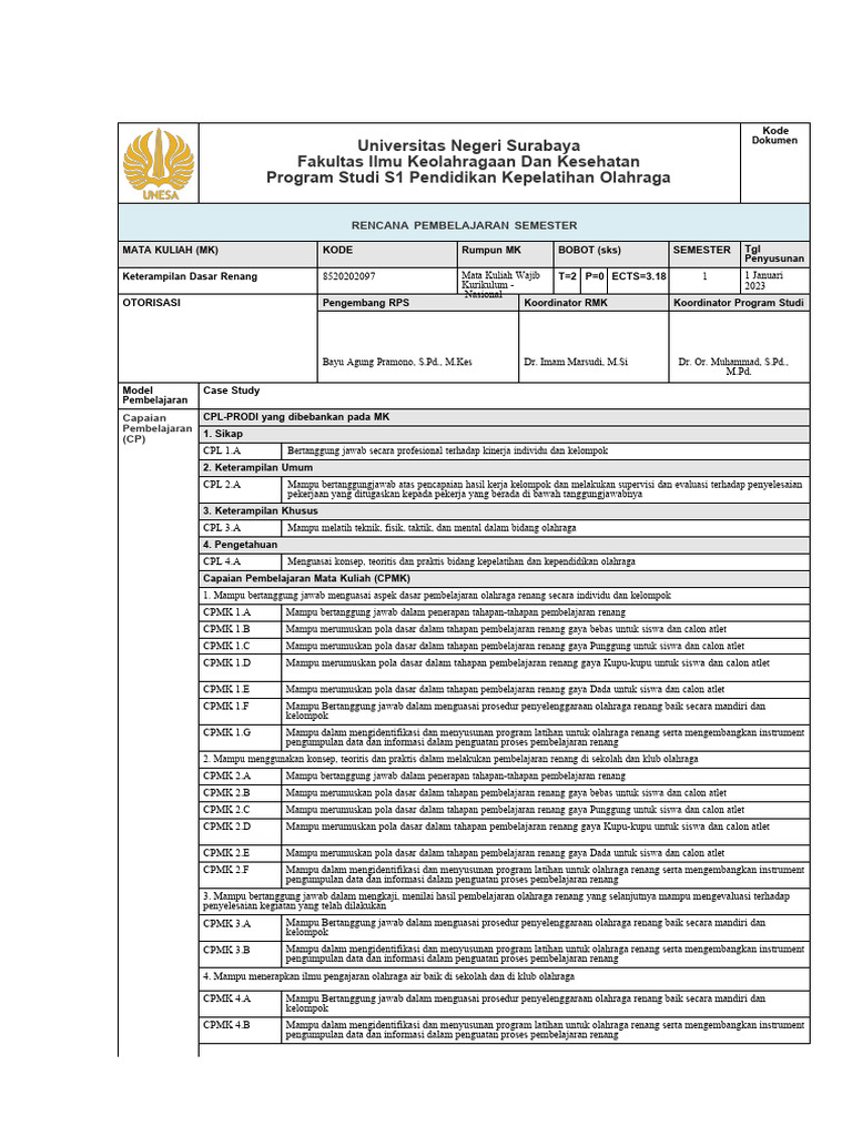 RPS Keterampilan Dasar Renang | PDF
