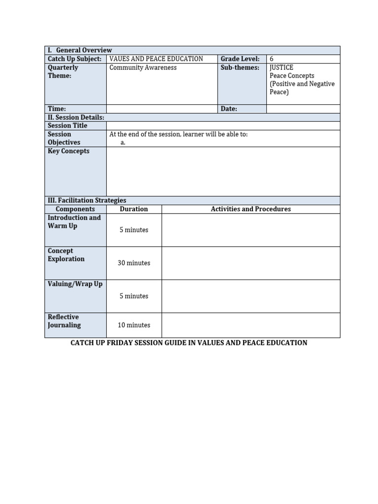 Session Guide Template in Values and Peace Education | PDF