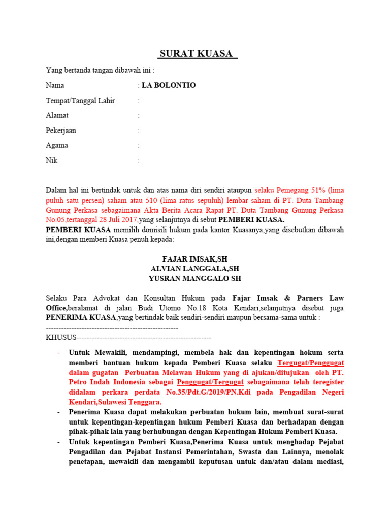 Contoh Surat Kuasa Advokat | PDF