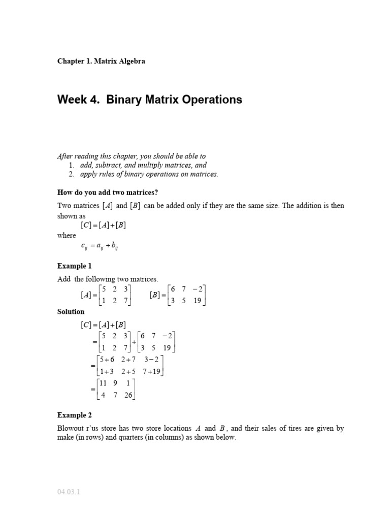 W4 - Binary Operation (Matrix) | PDF | Matrix (Mathematics) | Functions And Mappings