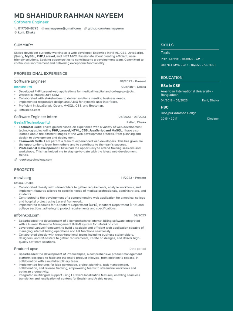 Laravel Developer CV | PDF | Web Development | World Wide Web