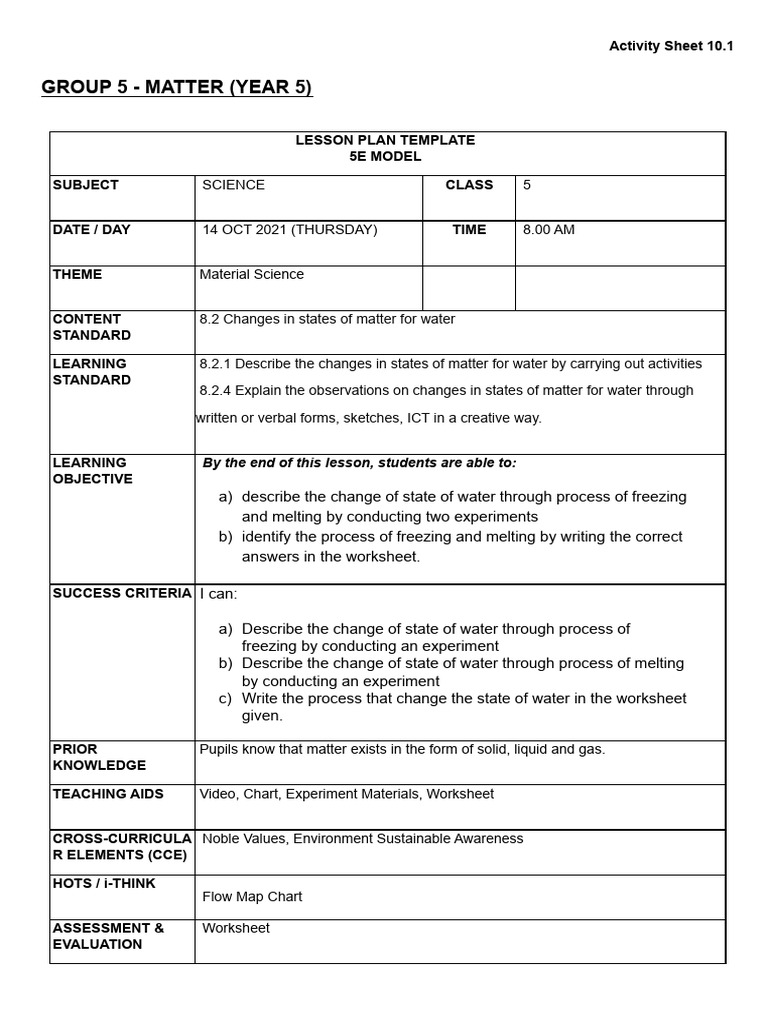Group 5 5 Activity Sheet 10 1 Lesson Plan Template 5E Model | PDF | Ice | Freezing