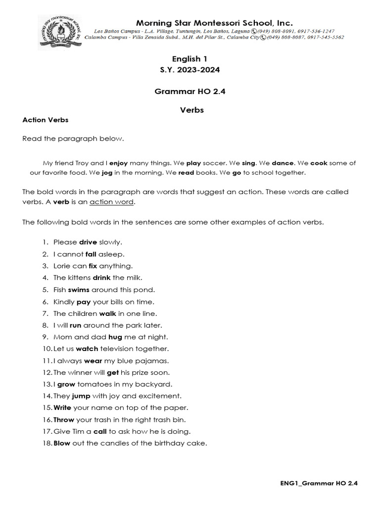 ENG1 - Grammar HO 2.4 | PDF | Subject (Grammar) | Verb