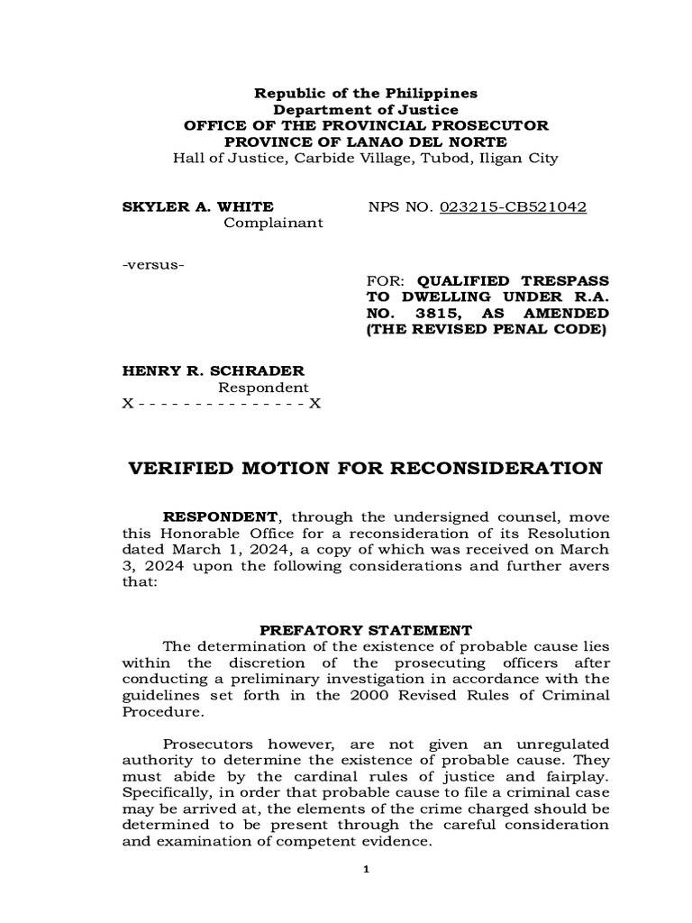 Motion for Reconsideration | PDF | Affidavit | Prosecutor