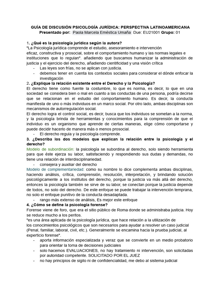 Guía de Discusión Psicología Jurídica - EmésticaUmaña | PDF ...