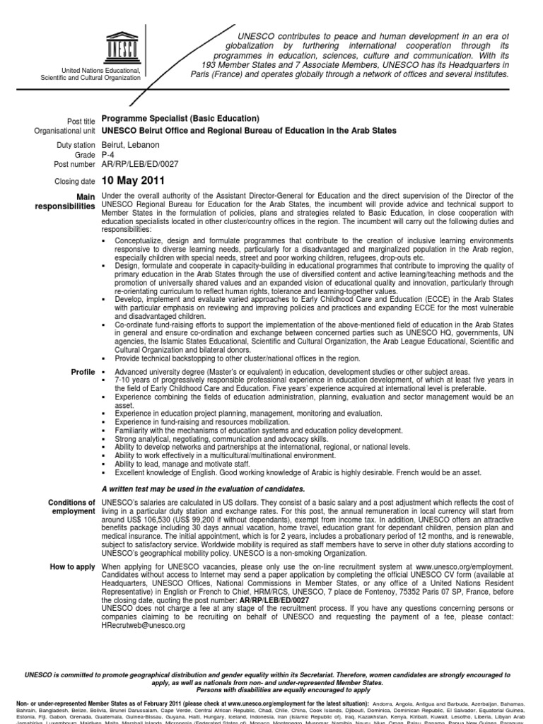 Programme Specialist (Basic Education) UNESCO Beirut Office and ...
