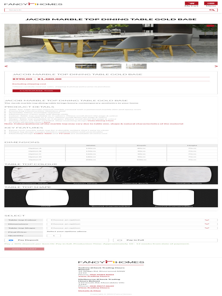 Buy Jacob Marble Top Dining Table Gold Base, Tables Fancy Homes | PDF