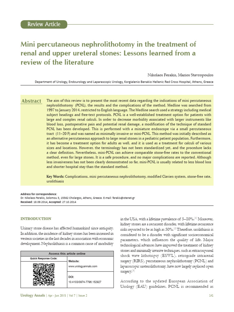 Mini Percutaneous Nephrolithotomy in The Treatment of | PDF | Kidney ...