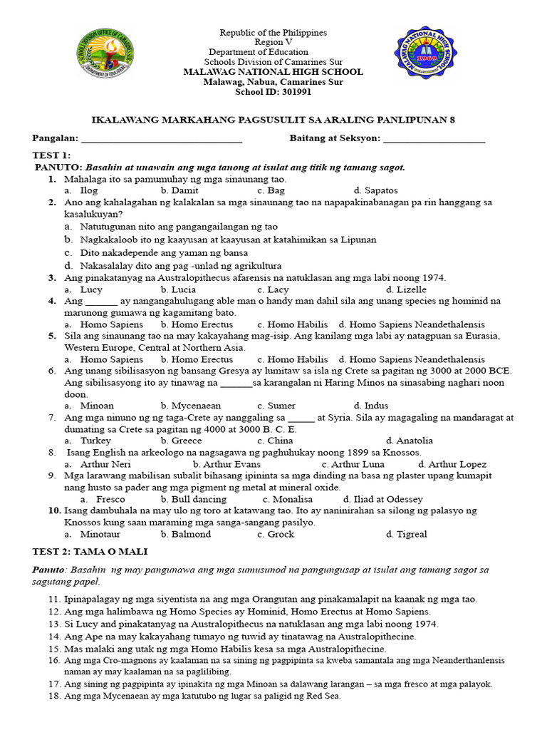 Ikalawang Markahang Pagsusulit Sa Araling Panlipunan 8 | PDF
