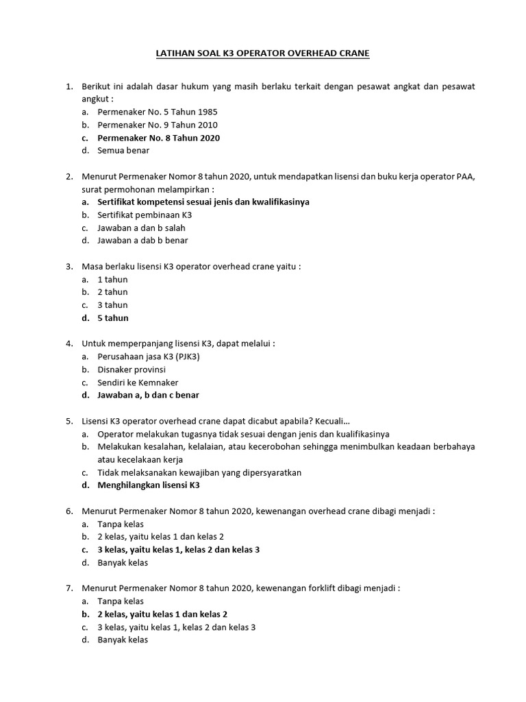 Latihan Soal K3 Operator Overhead Crane | PDF | Bisnis