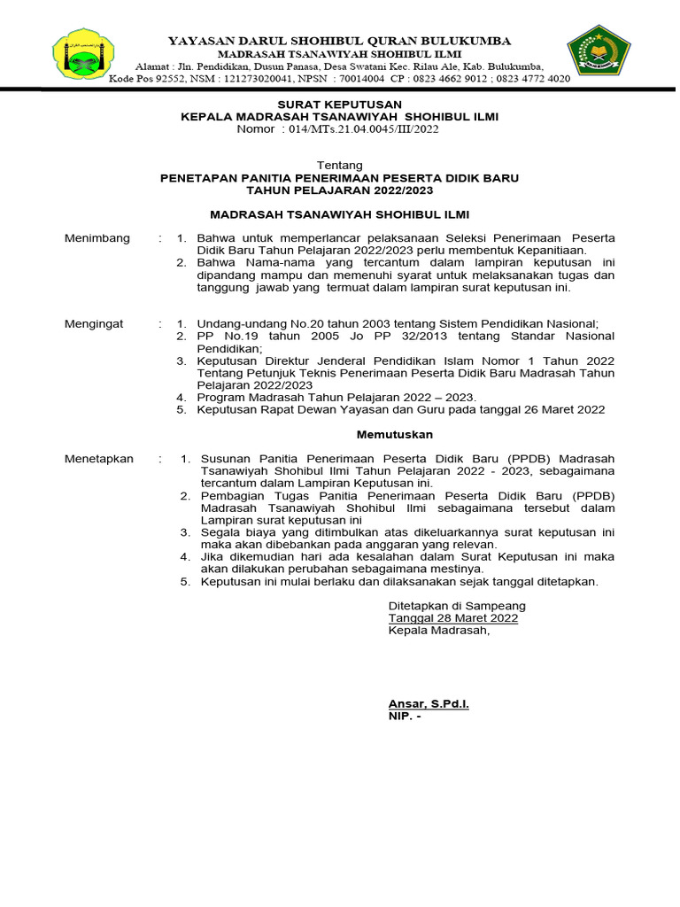 SK Panitia PPDB 2022-2023 | PDF