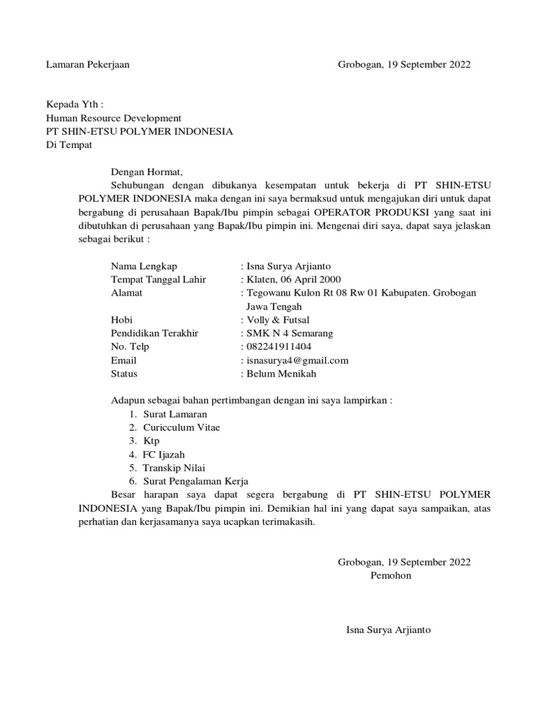 Lamaran Kerja SHIN-ETSU | PDF