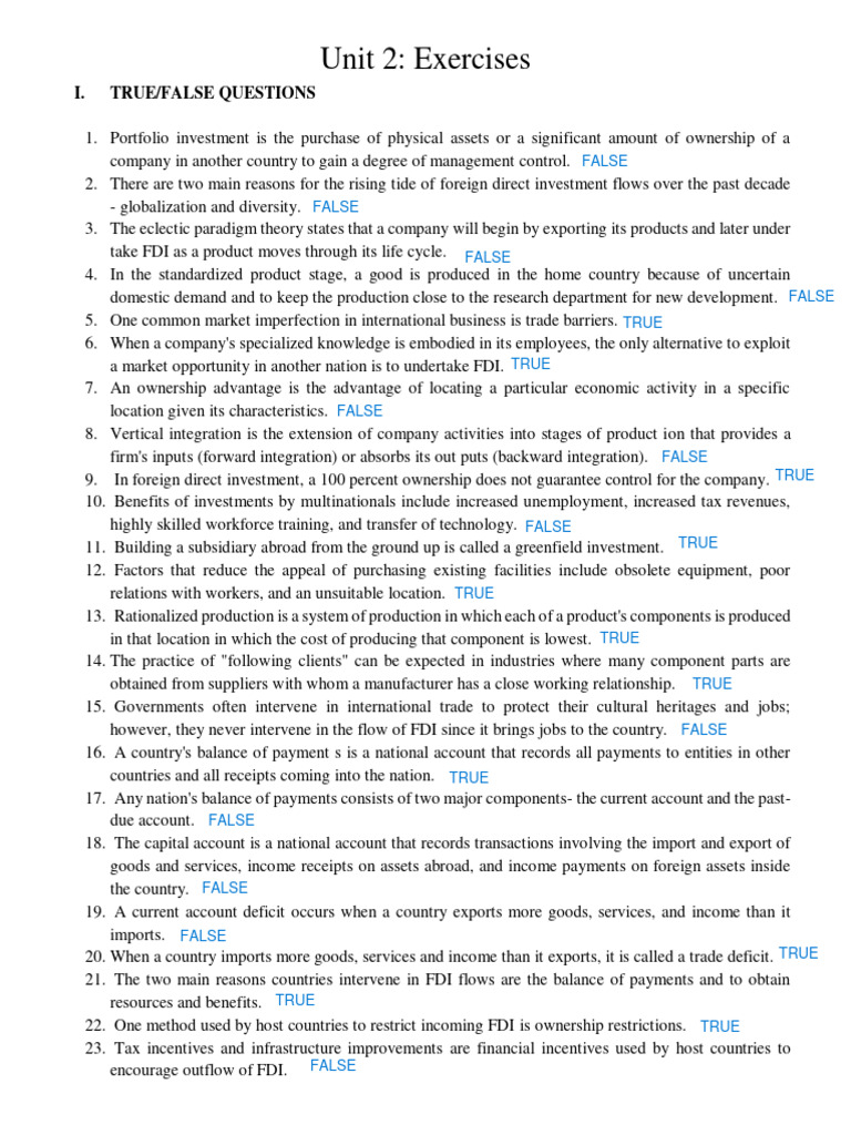 Unit 2 Exercises To Sts | PDF | Foreign Direct Investment | Balance Of Payments