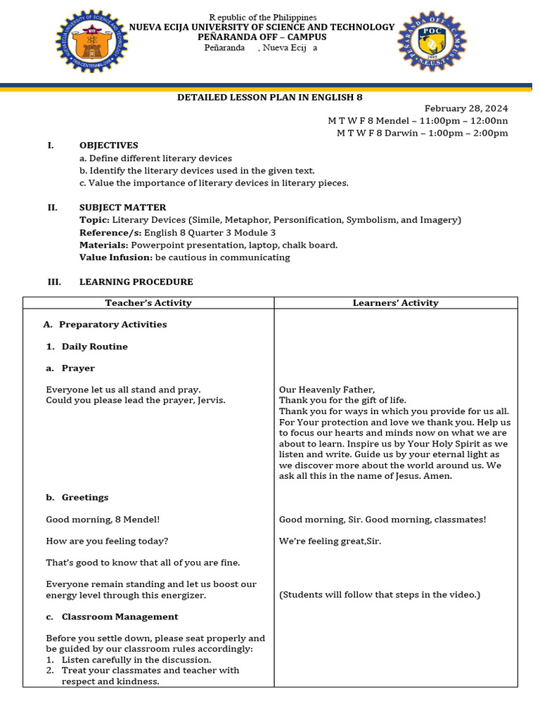 English 8 Lesson Plan: Literary Devices | PDF | Metaphor | Prayer
