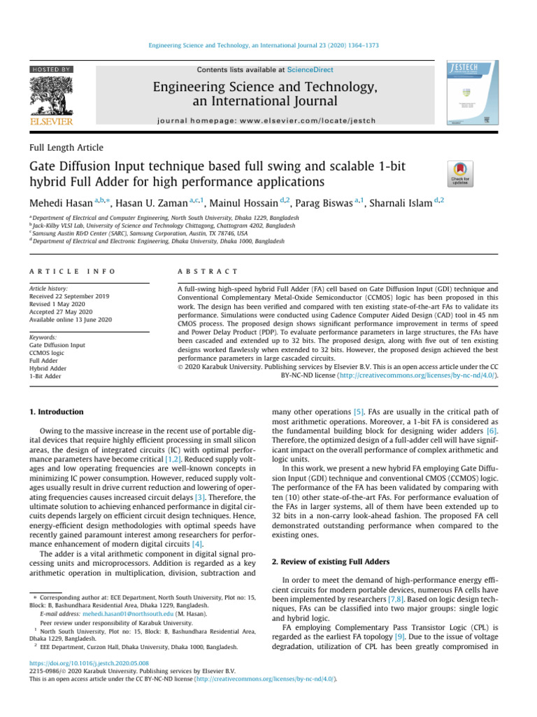 Gate Diffusion Input Technique Based Full Swing and Scalable 1-Bit Hybrid Full Adder For High ...