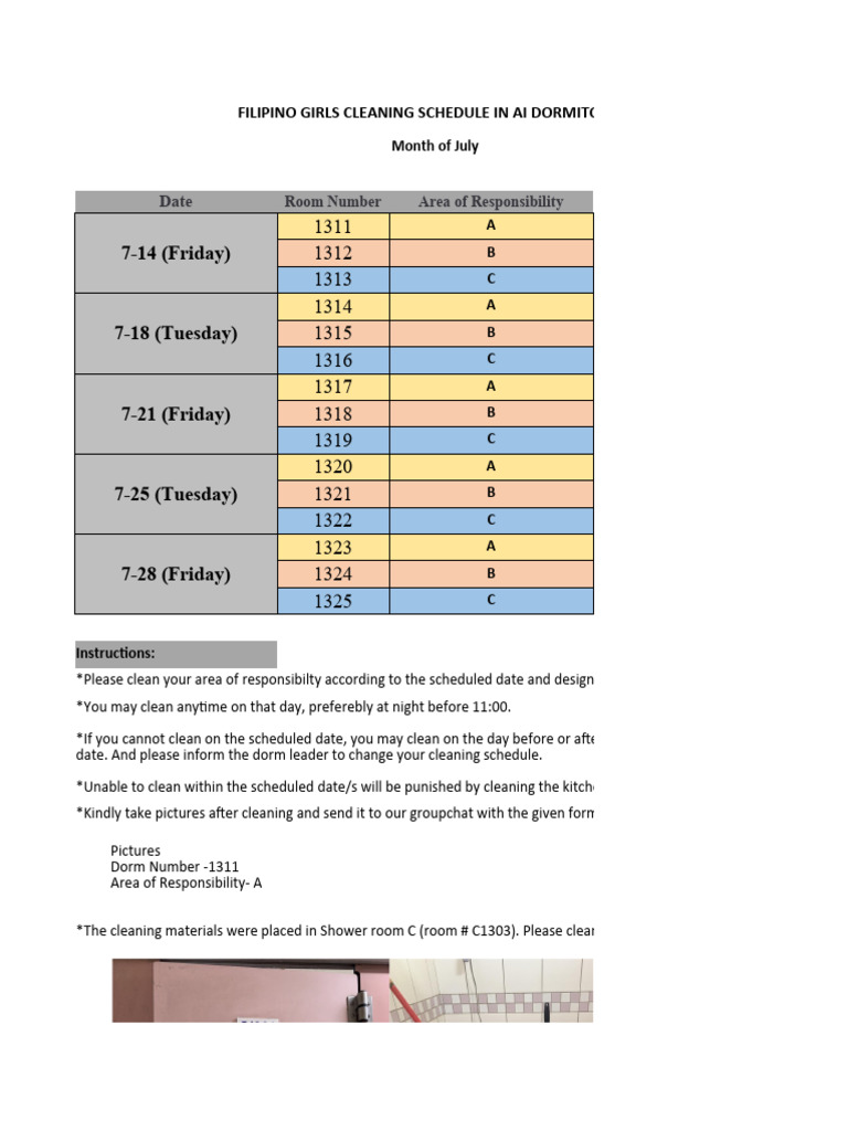 Cleaning Schedule Filipino Girls in Ai Dormitory | PDF | Home | Room