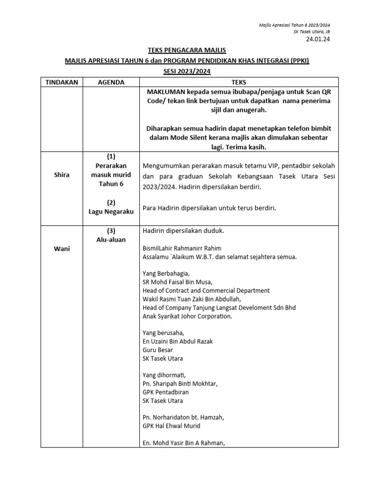 Teks Majlis Apresiasi Tahun 6 2023-2024 | PDF