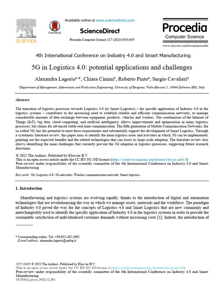 5G in Logistics 4 0 Potential Applications and C 2023 Procedia Computer Sci | PDF | Logistics ...