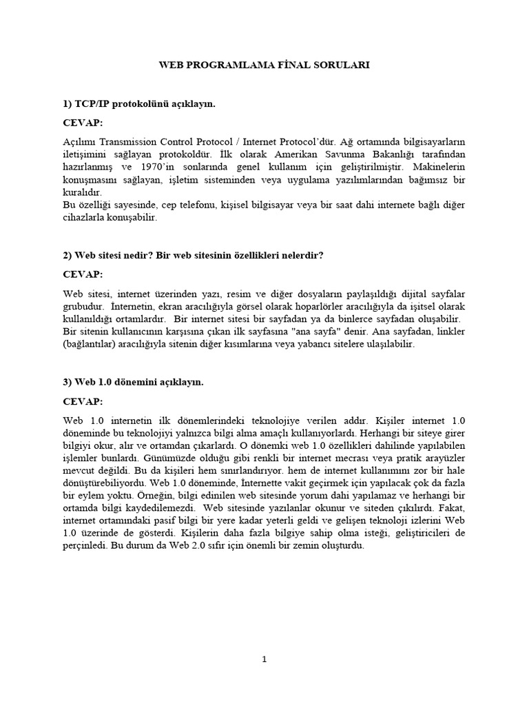 Web Tekno - Fi̇nal Sinavi Sorulari Ve Cevaplari | PDF