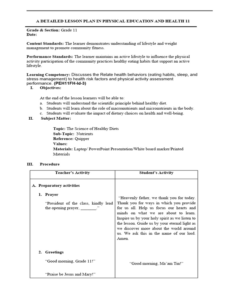 Grade 11 Healthy Diet Lesson Plan | PDF | Nutrients | Vitamin