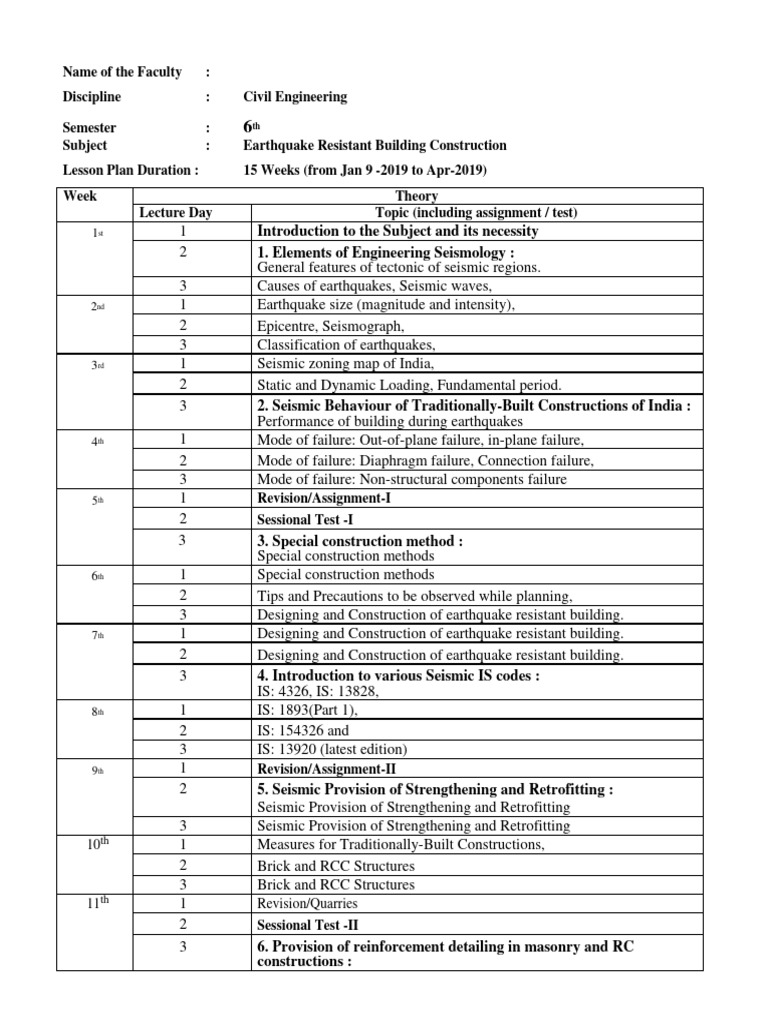 Lesson Plans 6th Semester Civil | PDF | Earthquakes | Earthquake ...