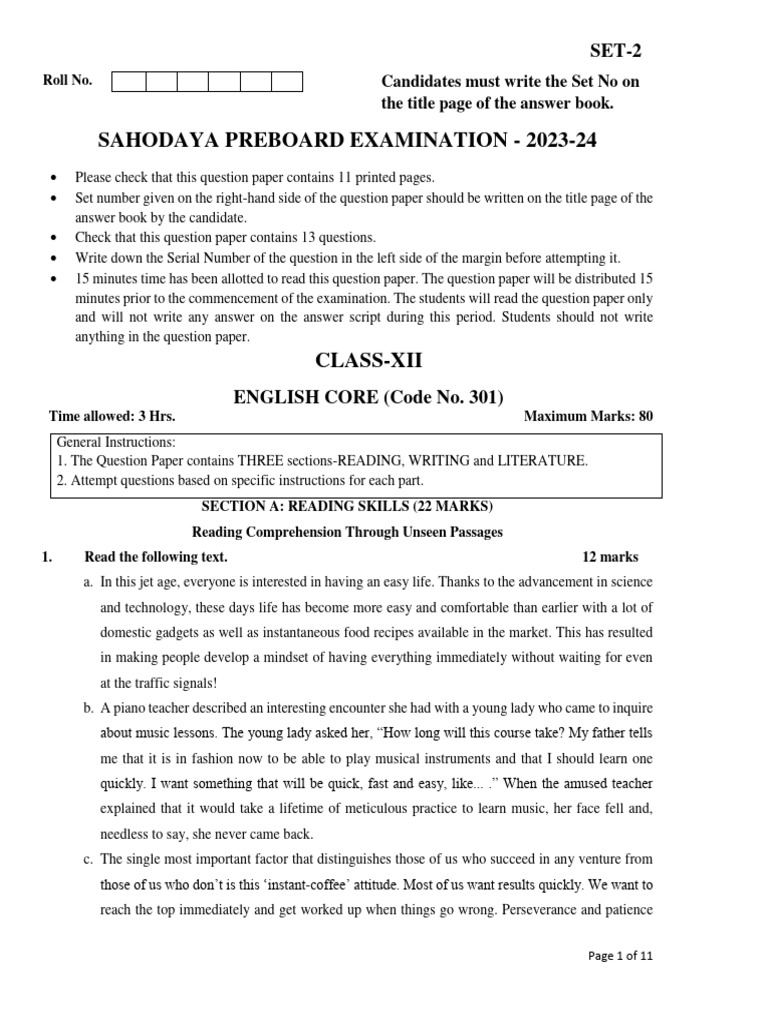 Xii-English - QP (Set - 2) - VST | PDF | Social Media | Popular Culture & Media Studies