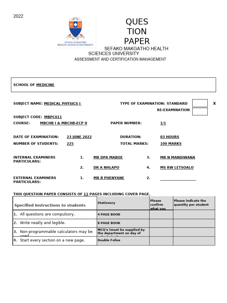 Medical Physics I Examination Guidelines | PDF | Neutron | Tension ...