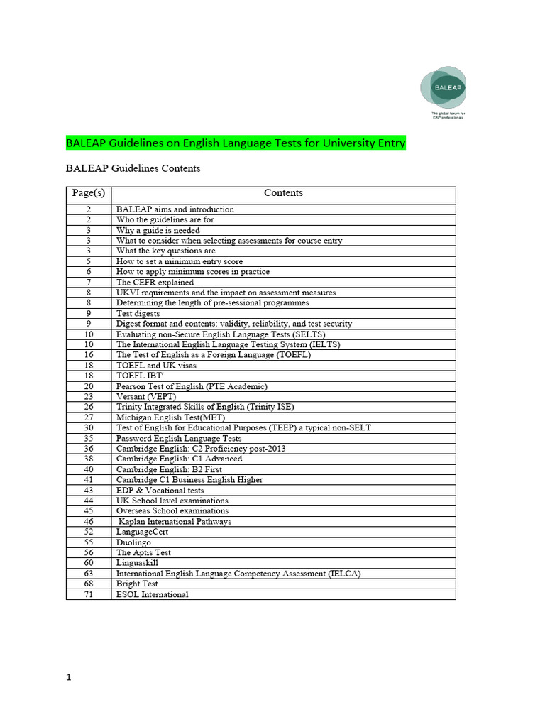 BALEAP 5 Guidelines On English Language Tests For University Entry ...