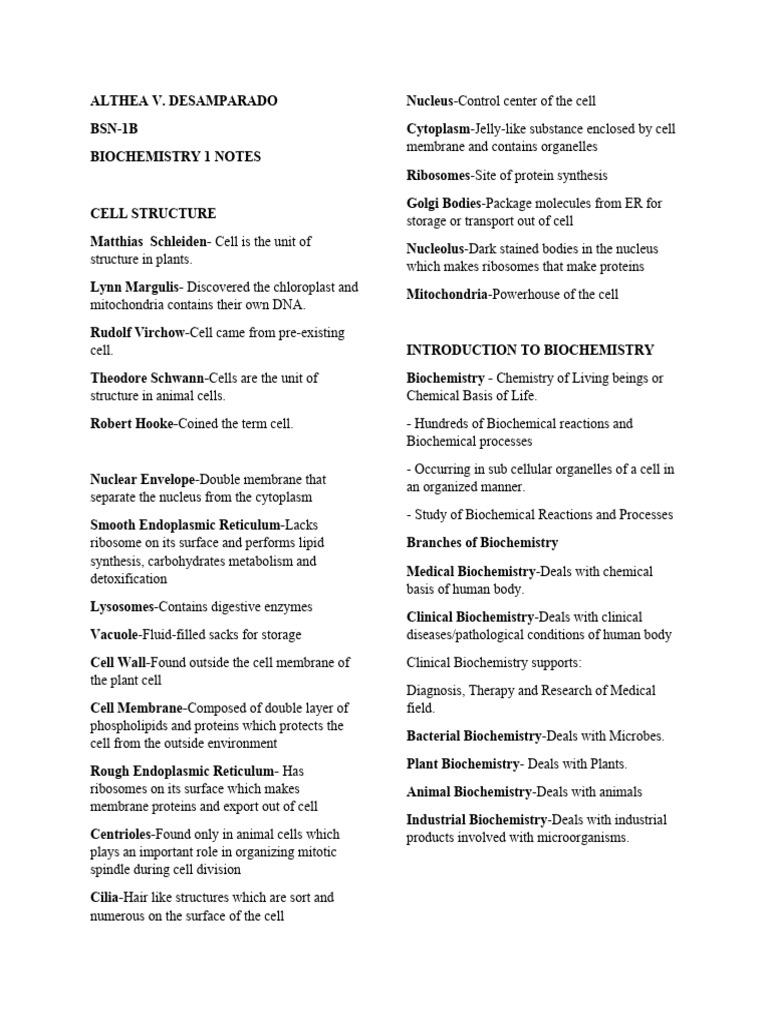 PRELIM Biochemistry Lecture Notes | PDF | Amino Acid | Cell (Biology)