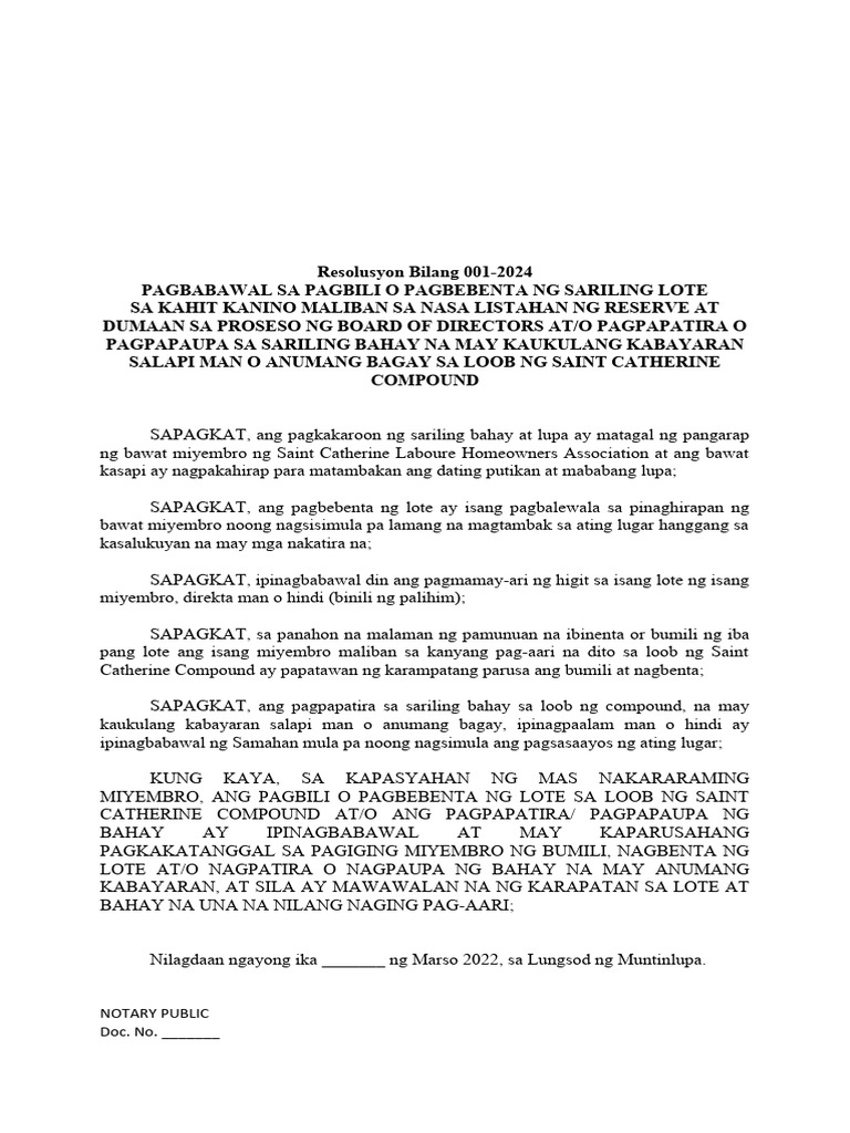 Reso 001-2022 Pagbabawal Sa Pagbebenta NG Lote | PDF Reso 001-2022 Pagbabawal Sa Pagbebenta NG Lote | PDF