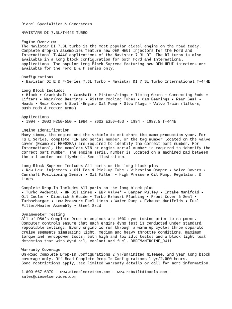 DSG Navistar DI 7 3L T444E Engine PDF | PDF | Engines | Diesel Engine