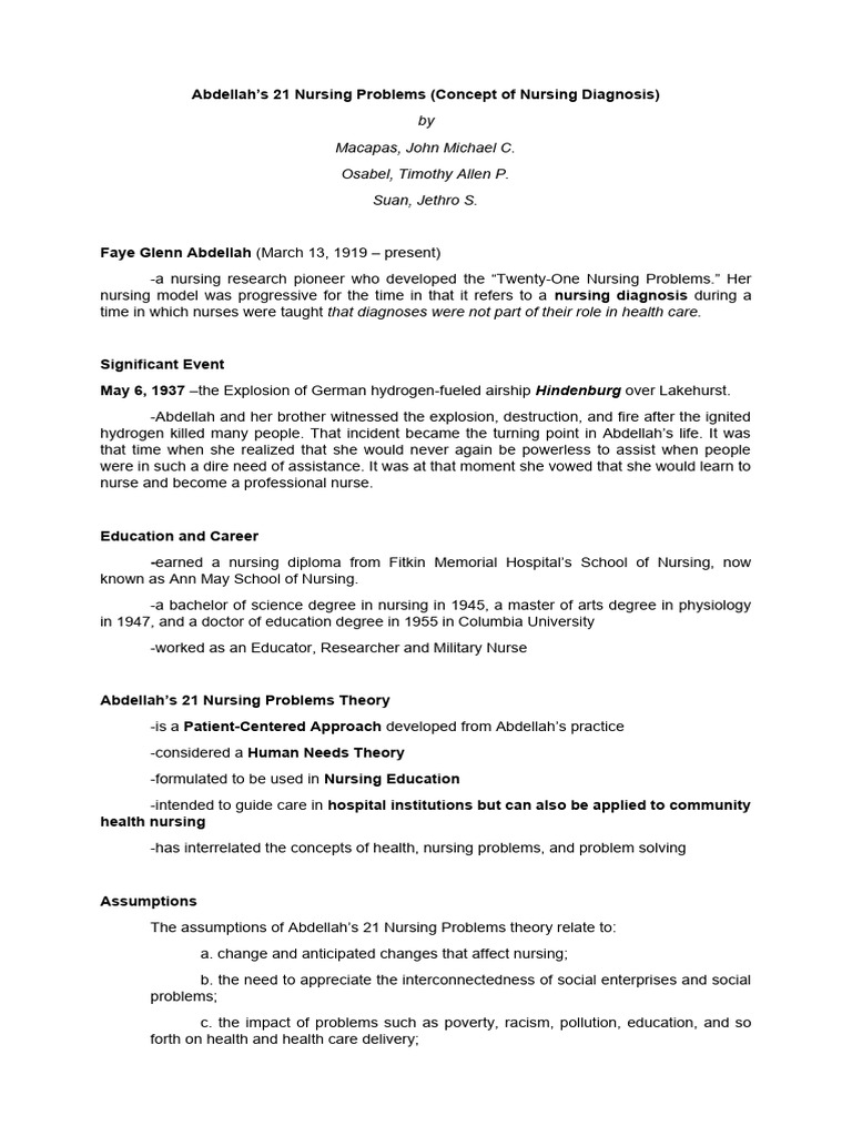 Abdellah's Nursing Diagnosis Model | PDF | Nursing | Evaluation