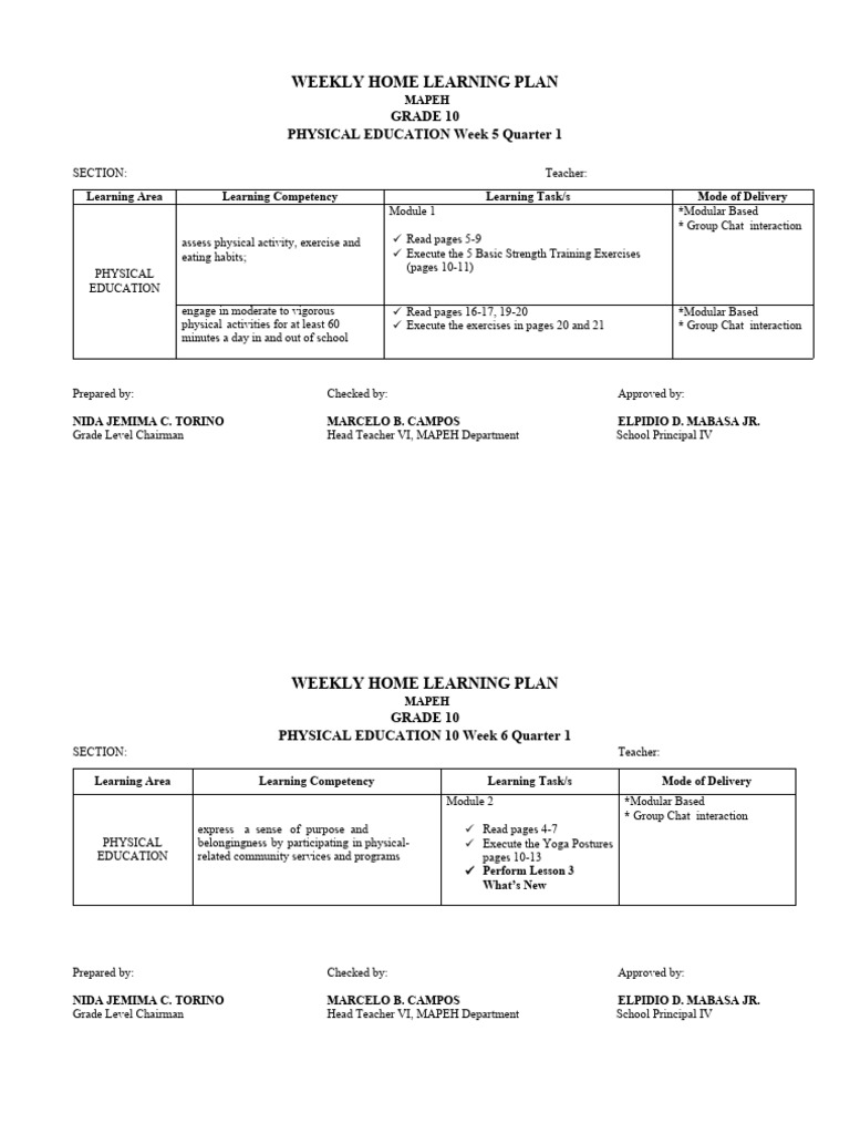 WEEKLY HOME LEARNING PLAN Physical Education | PDF | Physical Exercise | Behavior Modification