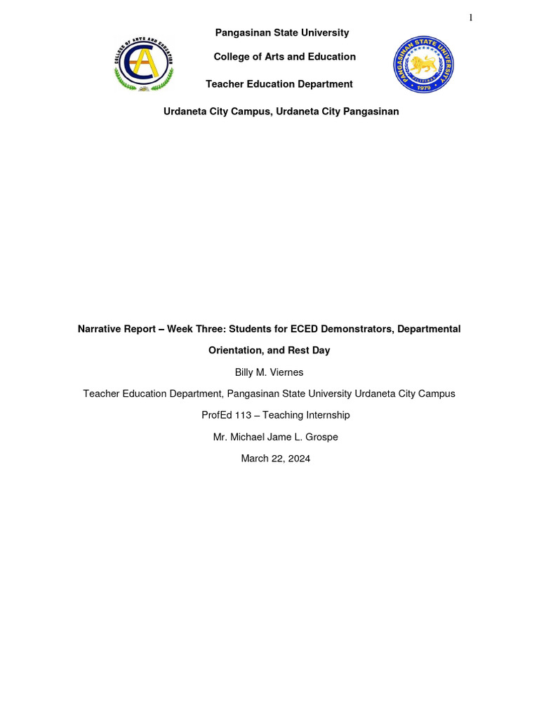 Viernes Week#3 Narrative Report | PDF | Early Childhood Education ...