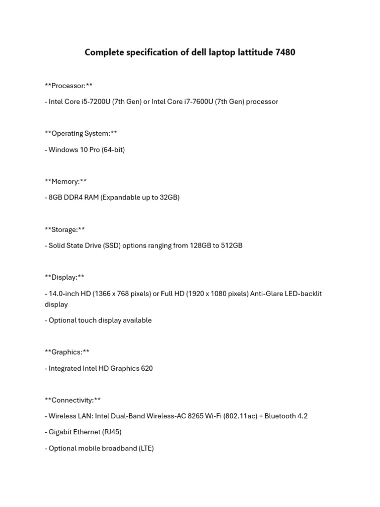 Complete Specification of Dell Laptop Lattitude 7480 | PDF