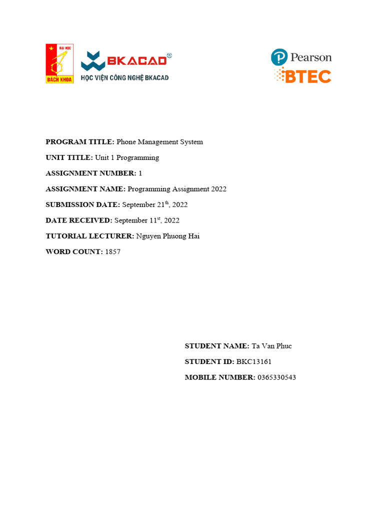 Assignment TaVanPhuc D03K13 | PDF | Computer Programming | Programming