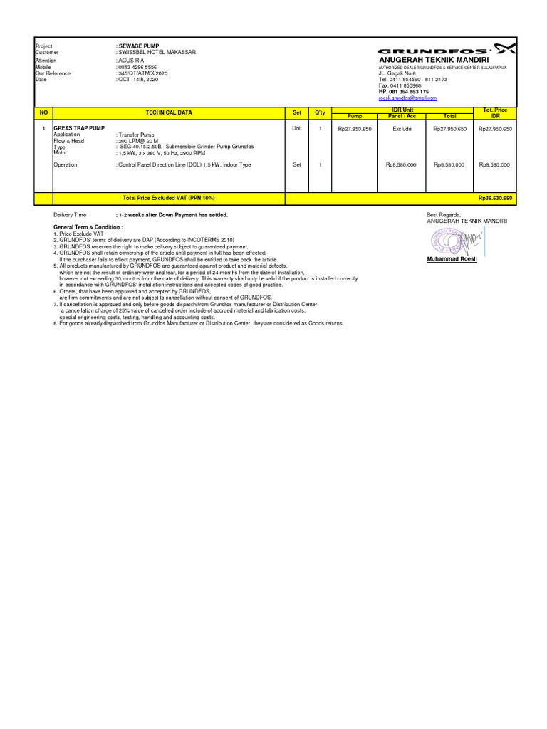 Quote Submersible Pump (AGUS RIA) | PDF