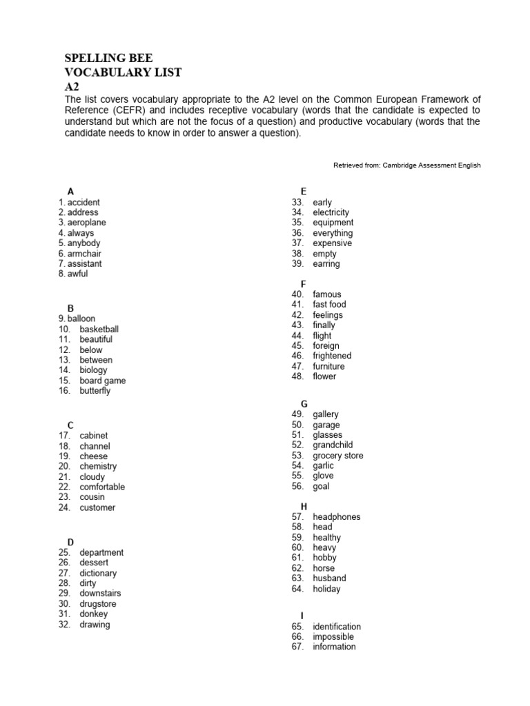 A2 CEFR Vocabulary List for Spelling Bee | PDF