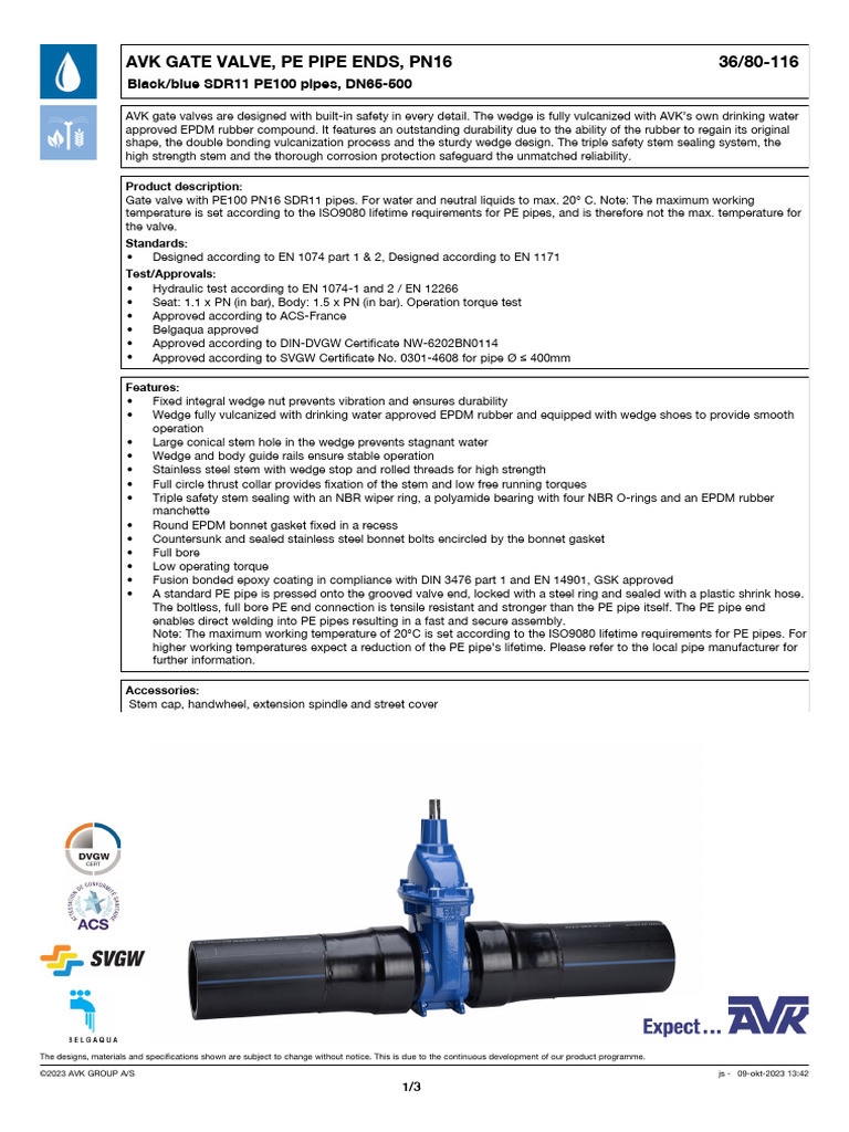 AVK PE Gate Valve Specifications | PDF | Pipe (Fluid Conveyance) | Valve