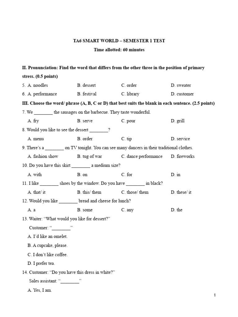 Đề KT HK1 TA6 Smart World | PDF