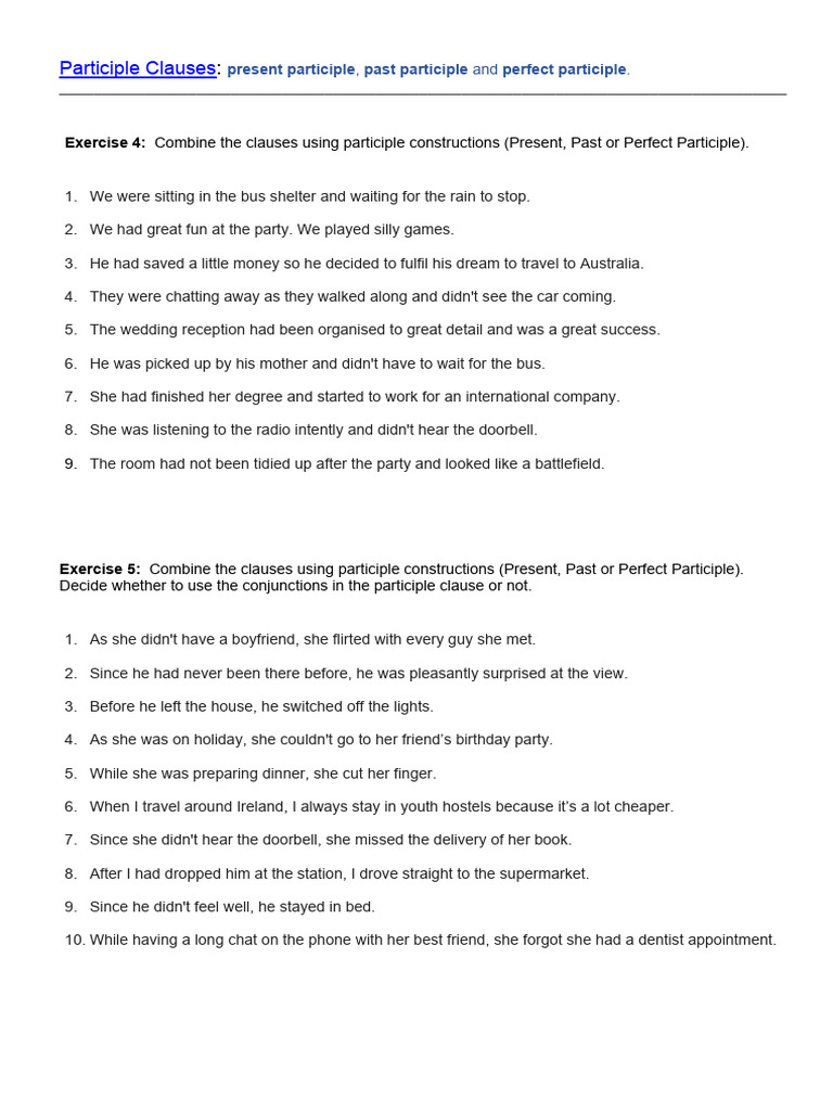 Participle Clauses Exercises 4 5 6 7 Ans | PDF
