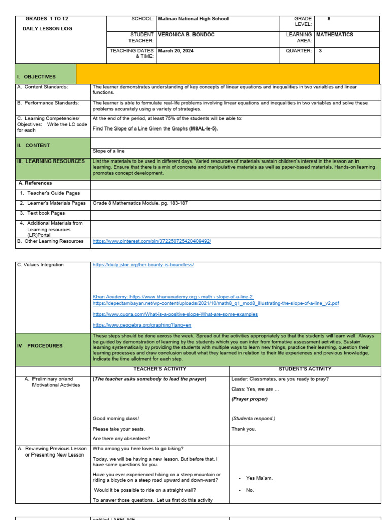 FINAL.. Slope of A Line Given The Graph | PDF | Slope | Learning