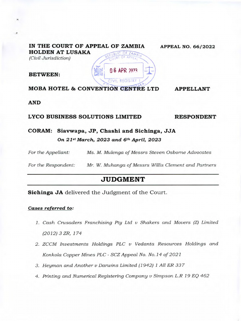 APP 066 2022 Moba Hotel Convention Centre LTD Vs LYCO Business Solutions LTD 6th April 2023 ...