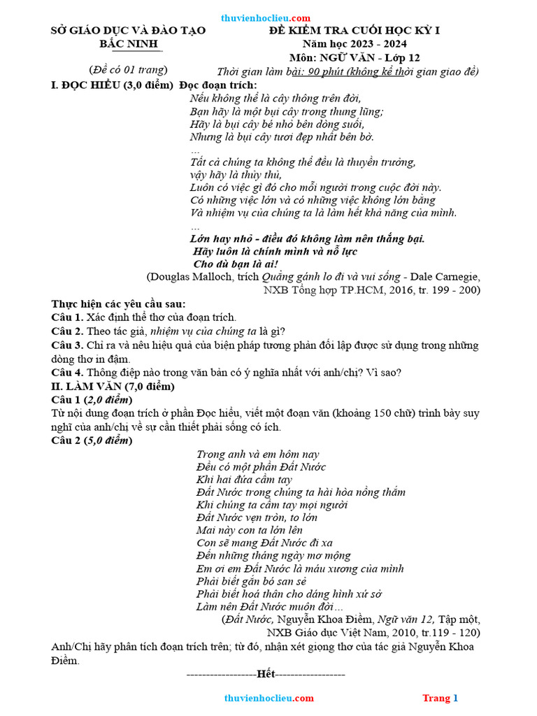 De Thi HK1 Ngu Van 12 So GD Bac Ninh 23 24 | PDF