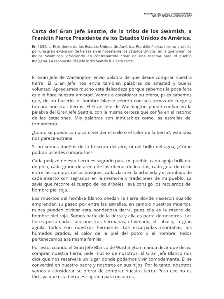 Carta Del Gran Jefe Seattle | PDF | Tierra