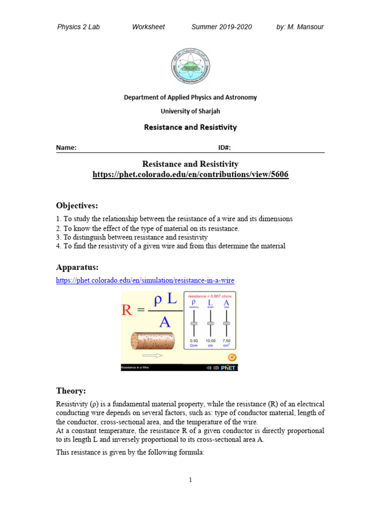 Student Copy Exp 03 Resistance and Resistivity Worksheet by PhET ...