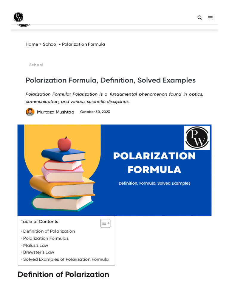 Polarization Formula, Definition, Solved Examples | PDF | Polarization ...