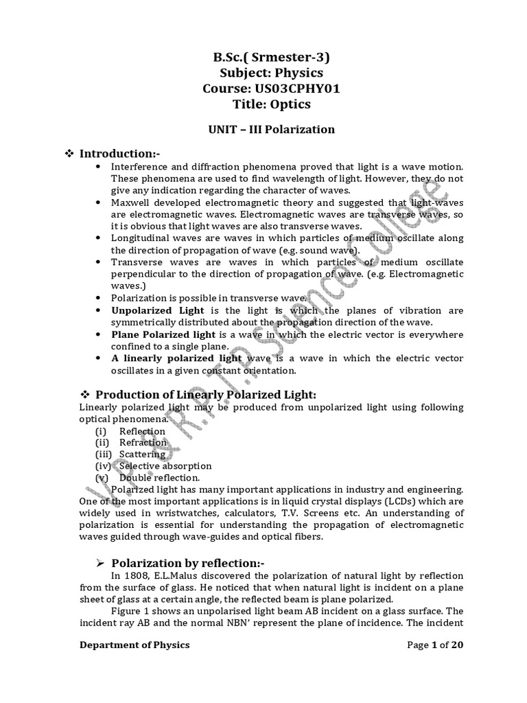 US03CPHY01 Unit3 Polarization PMP | PDF | Polarization (Waves) | Waves