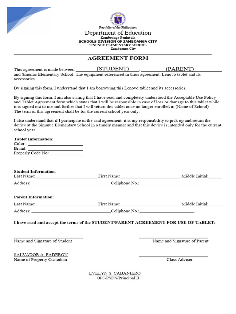 Sinunuc Elementary Tablet Agreement | PDF
